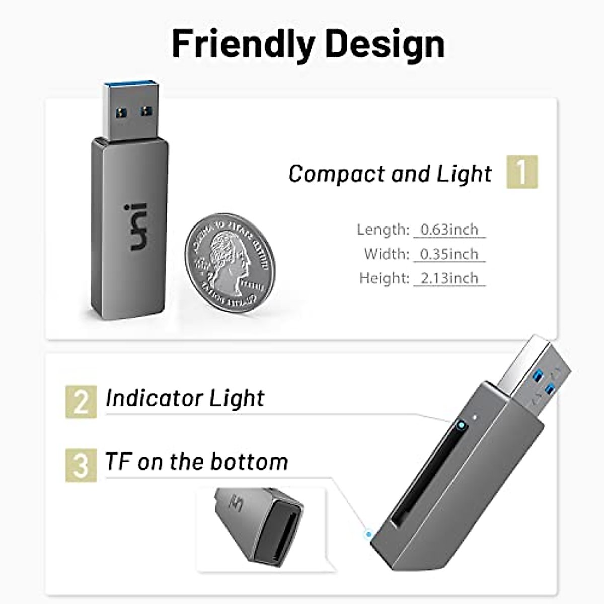 SD Card Reader, uni Micro SD Card Adapter, Mini-Size Aluminum USB 3.0 SD Card Reader Support SD, SDXC, SDHC, MMC, Micro SDXC, Micro SD, Micro SDHC and UHS-I Card, Compatible with Mac/Win/Linux