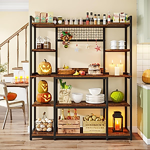 Tribesigns Large Bakers Rack, 55" Wide Kitchen Hutch Cabinet Microwave Stand with 11 Hooks, 5-Tier Baker’s Rack Kitchen Storage Shelf Rack with Hutch, Rustic Brown