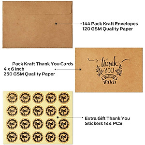 144 Bulk Thank You Cards with Self-Seal Envelopes, Brown Kraft Thank You Notes Box Set with Elegant 8 Designs Greeting Card for Wedding, Business, Birthday, Baby Shower, Blank Inside, 4 x 6 Inch