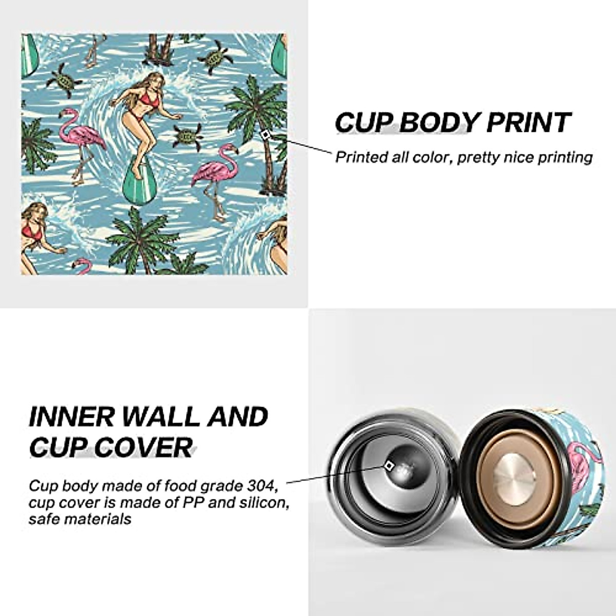 CaTaKu Flamingo Beach Turtle Water Bottle Insulated 16 oz Stainless Steel Flask Thermos Bottle for Coffee Water Drink Reusable Wide Mouth Vacuum Travel Mug Cup