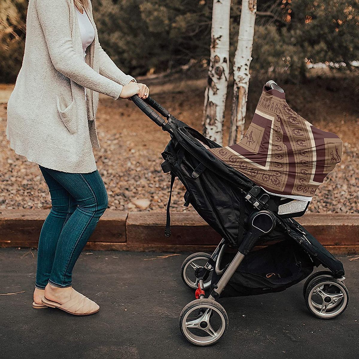 Western Cowboy Baby Car Seat Covers, Nursing Cover Breastfeeding Scarf/Shawl, Infant Carseat Canopy, Stretchy Soft Breathable Multi-use Cover Ups, Horseshoe Pentagram Brown