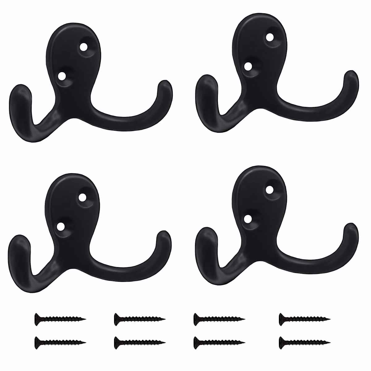 Kruodop 4 Pack Wall Hooks Wall Mounted Coat Hooks for Hanging Heavy Duty, Black Towel Hooks, Metal Double Coat Hanger with Screws Cup Retro for Coats, Handbags, Towels, Hat
