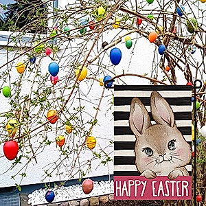Happy Easter Bunny Stripes Garden Flag Burlap Rabbit Spring Summer Rustic Farmhouse Yard Outdoor Decoration 12 x 18 Inch DF023