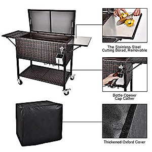 Top Union 80 Quart Rattan Rolling Cooler Cart, Portable Wicker Cooler Trolley, Backyard Party Drink Beverage Bar, Ice Chest with Wheels (Brown)