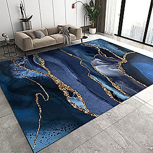 QINYUN Art Abstract Area Rug, Blue Marble Deep Gold Indoor Rug, Decorative Rug Non-Slip Soft Machine Washable, for Apartment Living Room Bedroom Dining Room-5ft×8ft