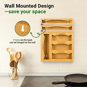 WHOMASS Foil and Plastic Wrap Organizer with Cutter 6 In 1 Bamboo Magnetic Storage Bag Organizer for Kitchen Drawer, Compatible with Gallon, Quart, Sandwich, Snack, Aluminum Foil