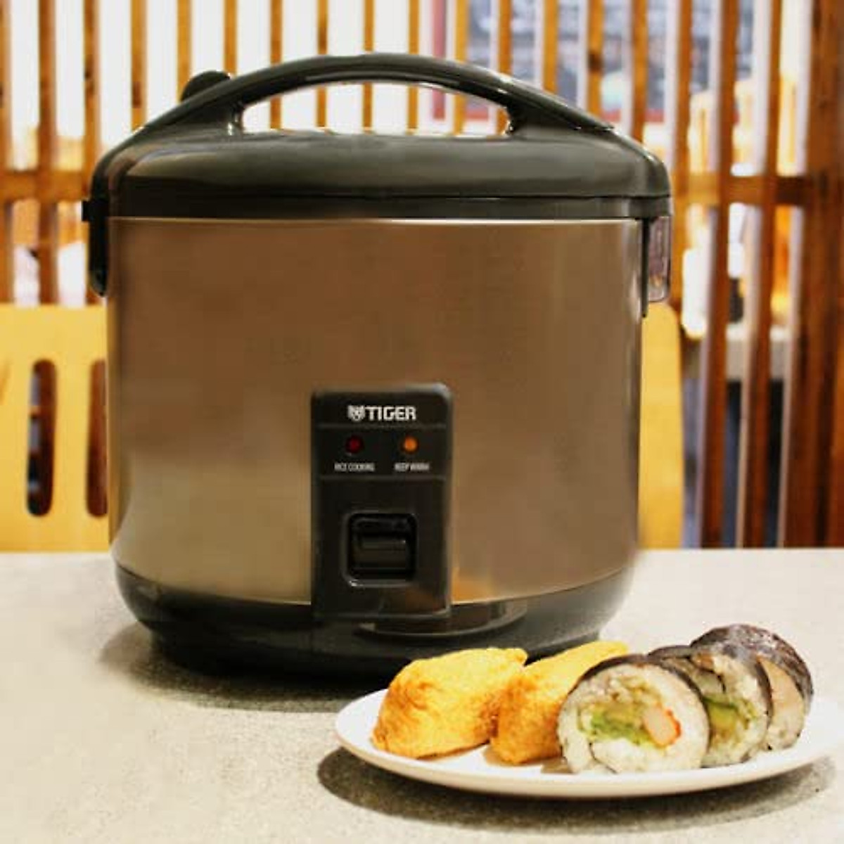 Tiger Rice Cooker - Premium Stainless Steel 8-Cup Rice Cooker with Fuzzy Logic Technology - Fast Cooking and Easy Cleanup - (Urban Satin) Bundle with Rice Container Bin and Washing Bowl (3 Items)