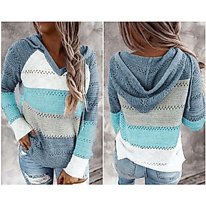 BLENCOT Women's Casual Color Block Hoodies Sweater Long Sleeve Drawstring Pullover Sweatshirts Fashion Knitted Tops Blue M