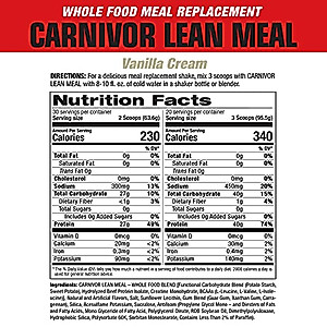 MuscleMeds CARNIVOR LEAN MEAL whole food meal replacement shake, MRE, beef protein isolate, white potato, sweet potato, 40g protein, 40 g carbs, lactose free, sugar free, Vanilla Cream 20 servings