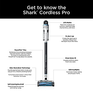 Shark IZ562H Cordless Pro Vacuum with Clean Sense IQ and Odor Neutralizer, PowerFins Plus Brushroll, Includes Duster Crevice & Pet Tool, Up to 40 Minute Runtime, Light Blue, Without MultiFLEX