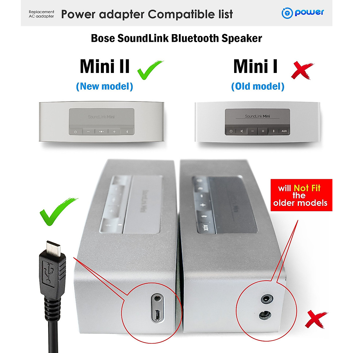T-Power 6.6 feet Ac adapter Charger for Bose SoundLink Color Mini 2 II Revolve+ Revolve Bluetooth Speaker 739617-1110,739523-1110 627840 725192 Speaker QuietComfort 35 SoundLink II AE2W