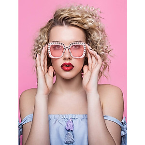 Frienda 6 Pieces Oversize Square Sparkling Sunglasses Retro Thick Frame Sunglasses (Light Purple, Light Gray, Clear Pink, Clear Tawny, Light Yellow, Pink)