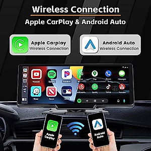 Hikity Portable Wireless Apple Carplay Car Stereo with Dash Cam - 9.3 Inch IPS Touchscreen, Wireless Android Auto, Loop Recording, Backup Camera, Bluetooth Car Audio Receivers