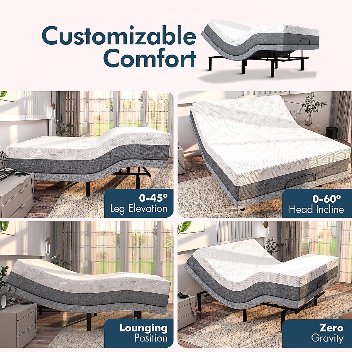 Renanim SFE Adjustable Bed with Mattress & Massage, Queen Adjustable Bed Frame + Medium Mattress - Cooling Gel Memory Foam Mattress, USB, Under Bed Light, Wireless Remote