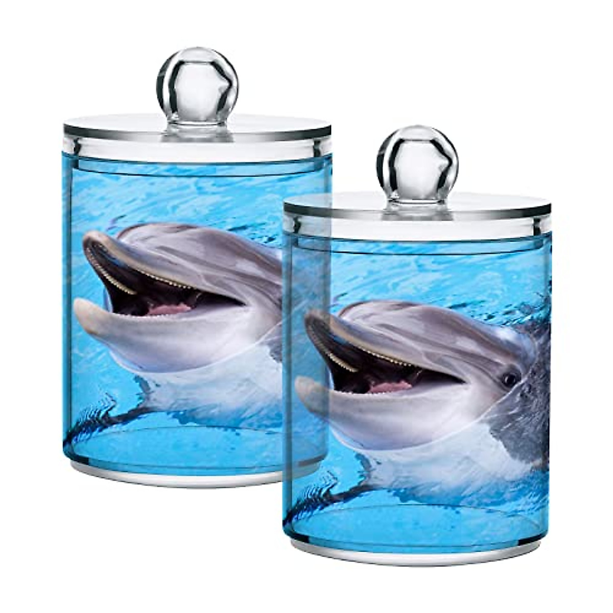 Coikll Cute Dolphin Qtip Holder with Lid 2PCS Apothecary Jars Storage Containers, Clear Plastic Canister for Cotton Swab,Floss Picks, Cosmetics