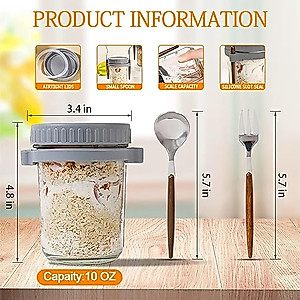 ZCXQM Overnight Oats Containers with Spoon and Fork, 2 Pack 10 oz Mason Jars with Lids for Overnight Oats, Breakfast On the Go Cups Reusable for Milk, Cereal, Fruit(Grey)
