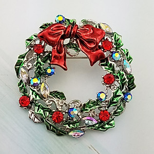 SELOVO Silver Tone Wreath Green Red Austrian Crystal Round Brooch Pin