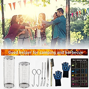 2Pcs Rolling Grilling Basket,Round Stainless Steel BBQ Grill Mesh,With Oven Mitts,Fork,Stainless steel brush and BBQ Grill Basket for Vegetables, French Fries, Fish,Meat
