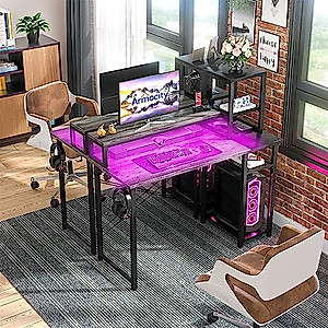 armocity 2023 Upgrade Gaming Desk with LED Lights, Small Computer Desk with Long Monitor Stand, 40'' Reversible Laptop Table with Storage Shelves, Small Desk for Small Spaces, Gaming Room, Grey