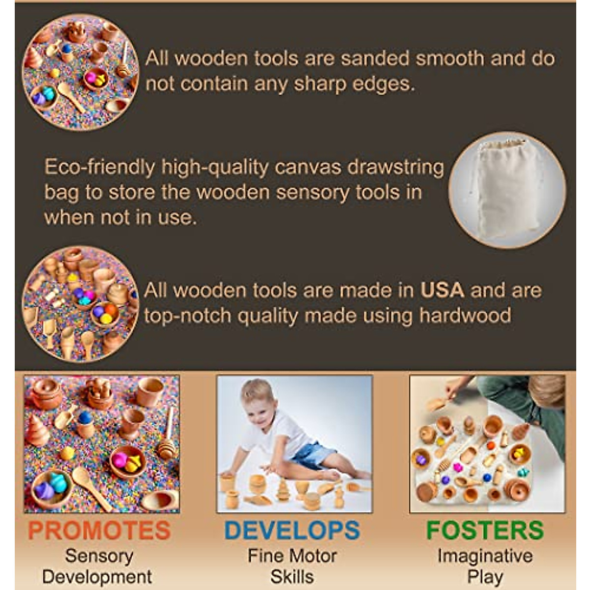 30 Piece - USA Made - Sensory Bin Tools - Sensory Bins - Wooden Sensory Bin Tools - Sensory Bin Toys - Sensory Tools - Toddler Sensory Bin - Learning Scooper -Montessori Toys for Toddler