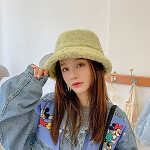 UU BEN Womens Lambs Wool Bucket Hat Outdoor Foldable Fisherman Cap for Women Japanese Cute Girls Casual Winter Warm Hat Green