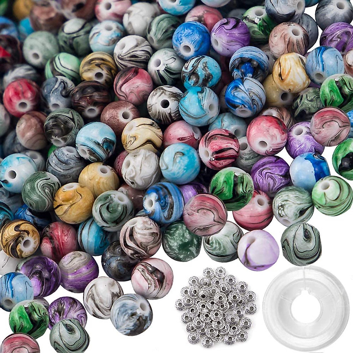 Quefe 500pcs Craft Beads for Jewelry Making, for Bracelets Making,Space Acrylic Beads in Ink Patterns with 50pcs Spacer Beads and Crystal String (8mm)