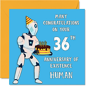 Funny 36th Birthday Cards for Men Woman - Robot Droid - Happy Birthday Card for Dad Mom Son Daughter Brother Sister Uncle Aunt Cousin, 5.7 x 5.7 Inch Joke Humor Greeting Cards