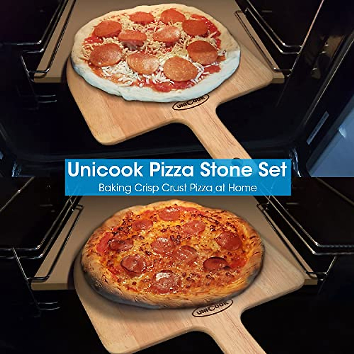 Unicook Pizza Stone 15 x 12 Inch, Included Wooden Pizza Peel, Rectangular Baking Stone for Oven and Grill BBQ, Thermal Shock Resistant Cordierite Cooking Stone for Pizza, Bread, Pies