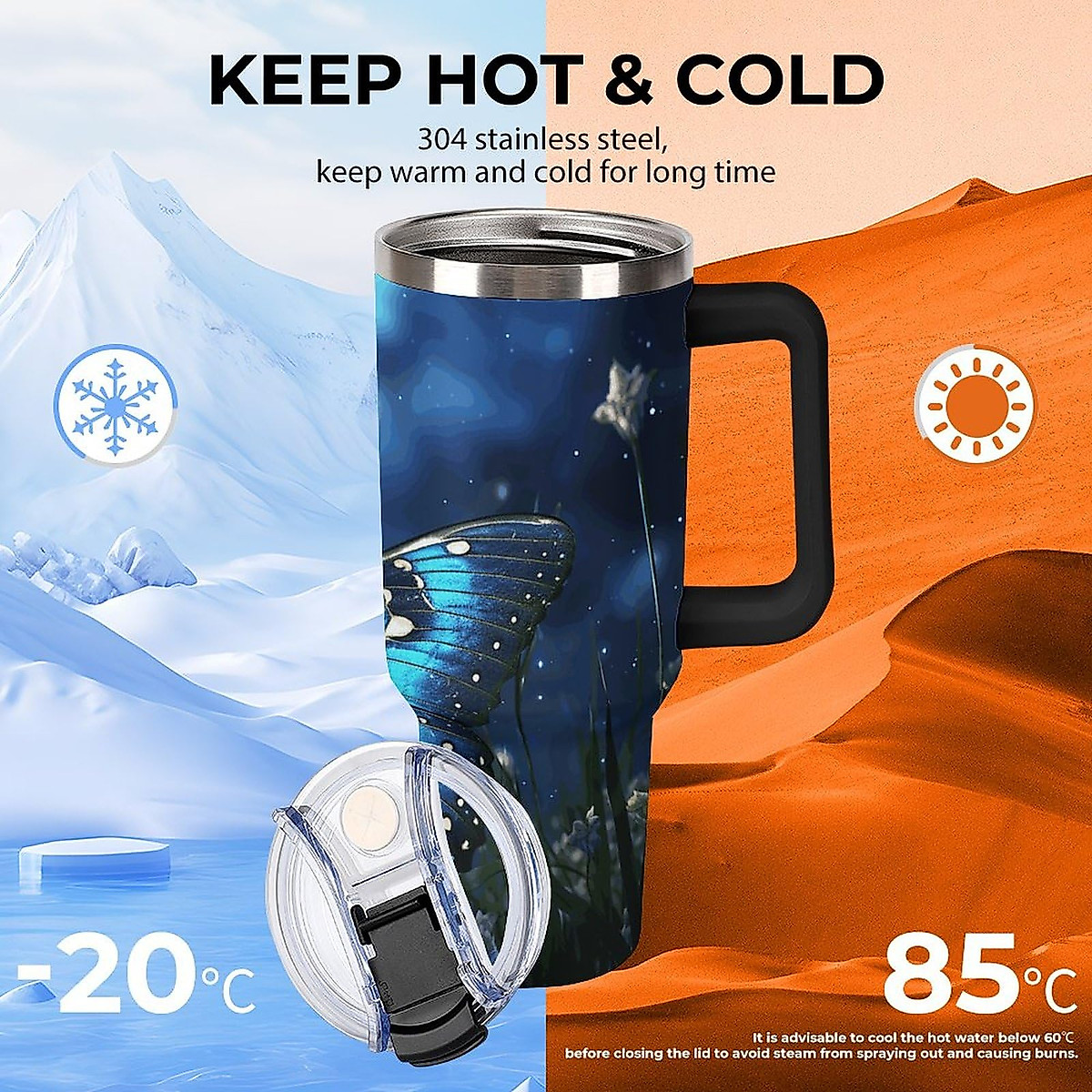 YTLKGFP 40 Oz Large Capacity Car Cup Butterfly Night Tumbler with Handle (Black) Straw Lid Insulated Stainless Steel Water Bottle Travel Mug Leak-proof Car Cup Keeps Cold Or Hot