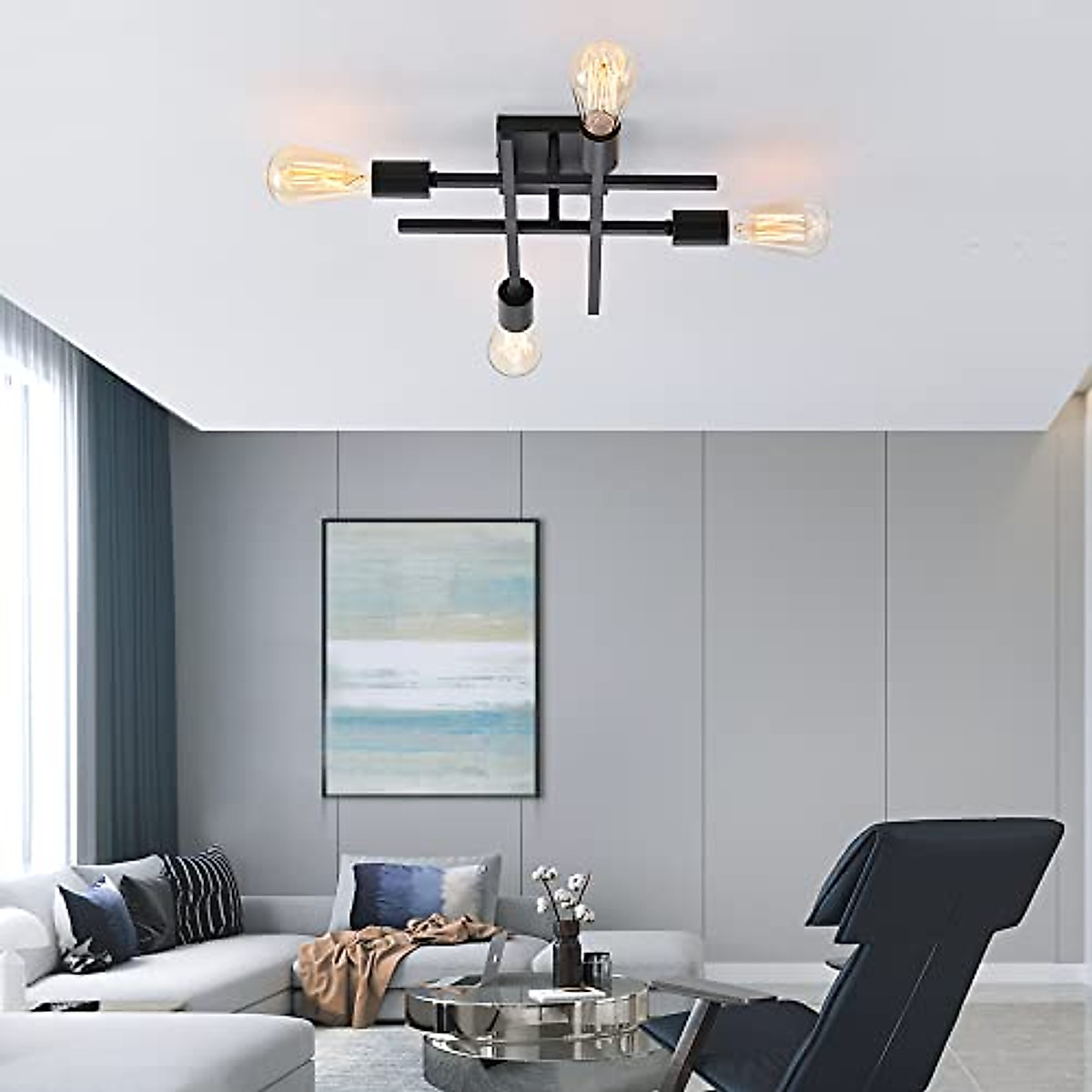 IHENGYANLT2 Pack Industrial 4-Light Semi Flush Mount Ceiling Light Fixture, Modern Sputnik Ceiling Lamp with E26 Base Farmhouse Chandelier Light Matte Black for Kitchen Bedroom Hallway. (2 Pack)