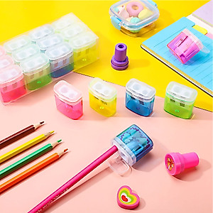 48 Pieces Pencil Sharpeners Manual Double Hole Pencil Sharpener with Lid Hand for School Office Home, Handheld Plastic Crayon Sharpener,Colourful Birthday Favor,Christmas Child Stocking
