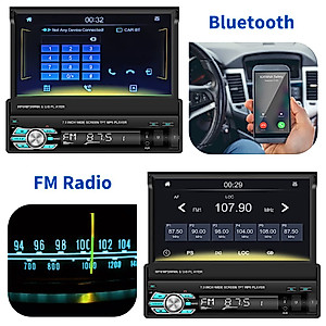 (Stable) Hikity Carplay Single Din Car Stereo, 7 Inch Flip Out Touch Screen Car Radio with Android Auto, Bluetooth, Mirror Link, Backup Camera, FM, USB, SWC, Voice Control Split Screen