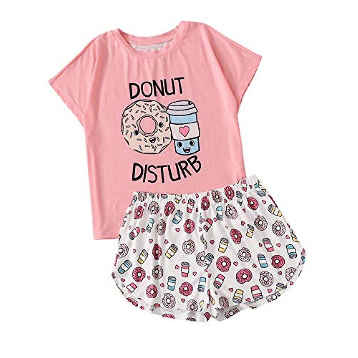 DIDK Women's Cartoon Print Tee and Curved Hem Shorts Pajama Set Pink and White XS