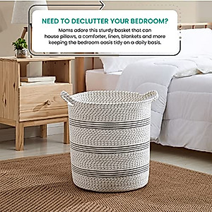 Organizix Large Cotton Rope Laundry Hamper Woven Basket with Handles, Storage Basket for Toys, Blanket, Throws, Pillows and Towels - 18 x 16, Multi Stripe