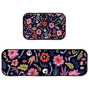 Vantaso Kitchen Floor Mat Rug Floral Halloween Set of 2 Cushioned Non-Slip Comfort Runner Rugs