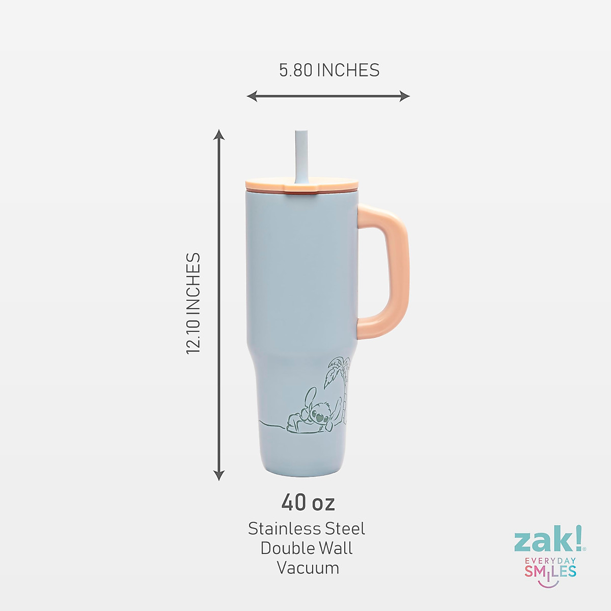 Zak Designs Disney Sutton Travel Tumbler for On the Go or At Home, 40oz Stainless Steel with Vacuum Insulation, Silicone Straw, Carry Handle, and 3D Artwork for Cold Drinks (Stitch)