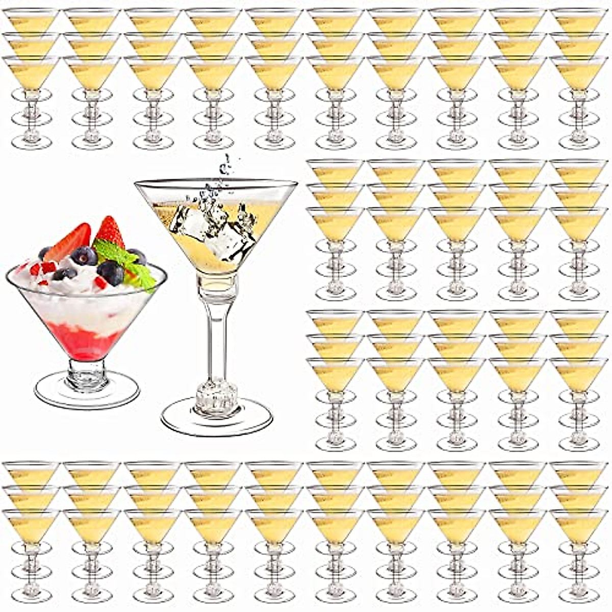 KYAPCK 100 Pack 5oz Plastic Martini Glasses Disposable Mini Martini Cocktail Clear Glasses with Stemmed and Stemless Options for Margarita, Appetizers, and Desserts at Weddings, Parties, and Events
