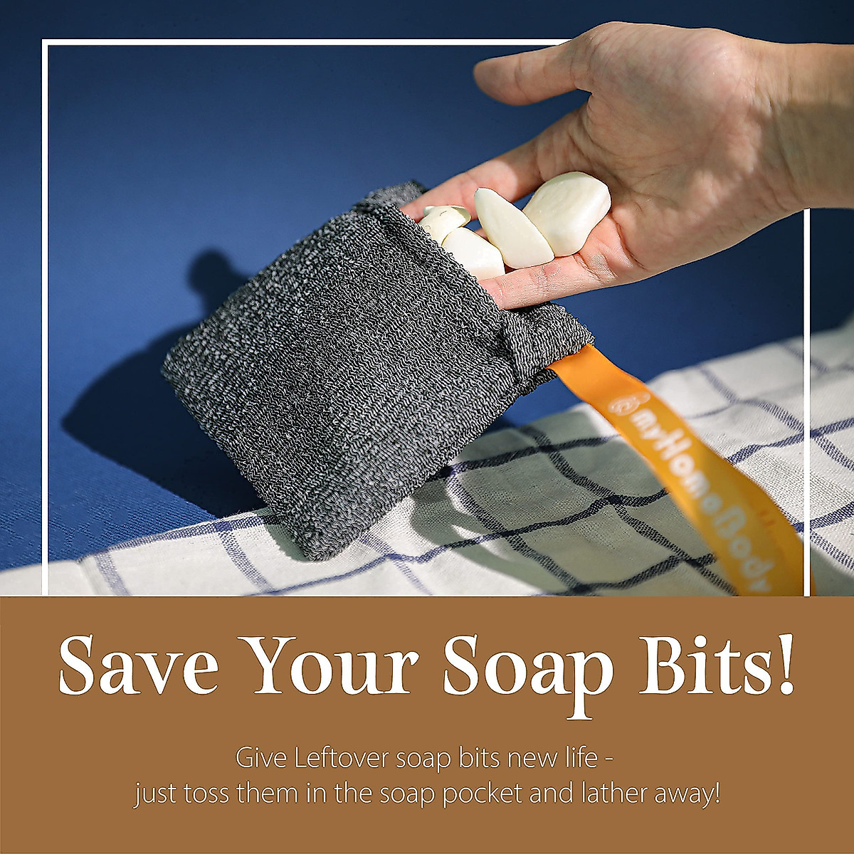 myHomeBody Soap Pocket Squares Exfoliating Soap Saver Pouch | Body Scrubber, Exfoliator Sponge for Bath or Shower | for 5oz Bar Soap or Leftover Bits | Graphite Gray, 3 Pack + 2 Soap Lifting Pads