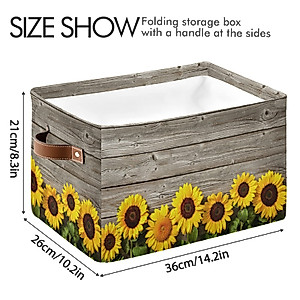 Sunflowers on Wooden Storage Basket Storage Bin Rectangular Collapsible Storage Box with Leather Handles Shelves Basket Organizer for Home, School
