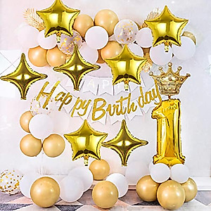 WEIKA 1st Birthday Decorations First Birthday Party Kit 32 Inch Number 1 Balloon 3D Letters Happy Birthday Banner Crown Foil Balloon Star Aluminum Ballons For Baby Shower Boys Girls Birthday(Gold)