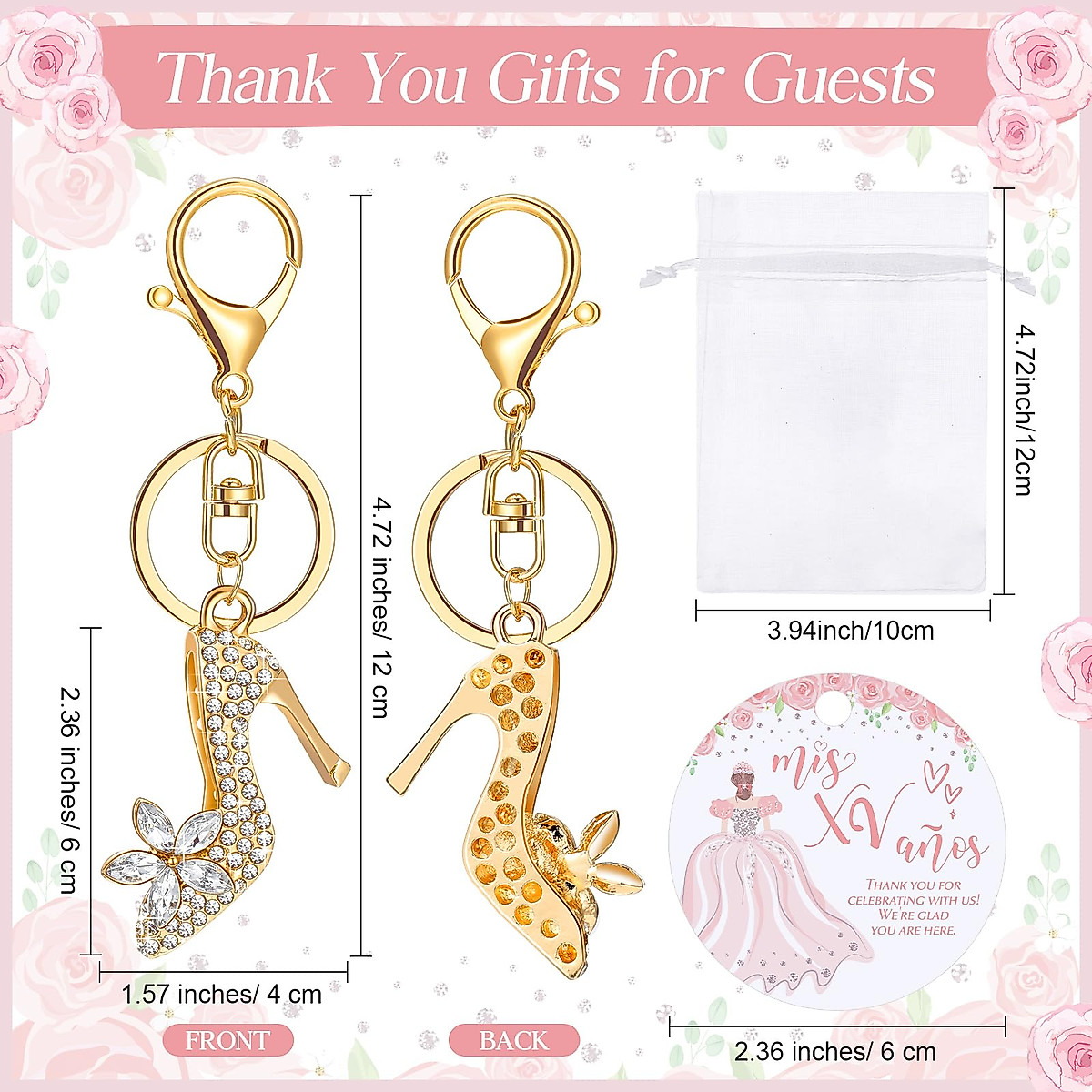 Dunzoom 18 Sets Quinceanera Party Favors for Guests 18 High Heel Shoe Keychains 18 Thank You Cards Small Quinceanera Cards 18 Organza Bags for 15 Birthday Guests Girls Gift Party Favors