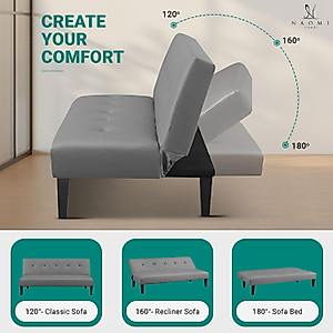 Naomi Home Gray Faux Leather Futon Sofa Bed, Modern Convertible Sofa with Wooden Legs, Reclining Small Couch Bed, Durable and Sturdy, 66'D x 32'W x 31'H