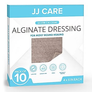 JJ CARE Silver Calcium Alginate Wound Dressing (Pack of 10) 4x5, Calcium Alginate Wound Dressing, Individually Packed Calcium Alginate, Highly Absorbent Silver Wound Dressing
