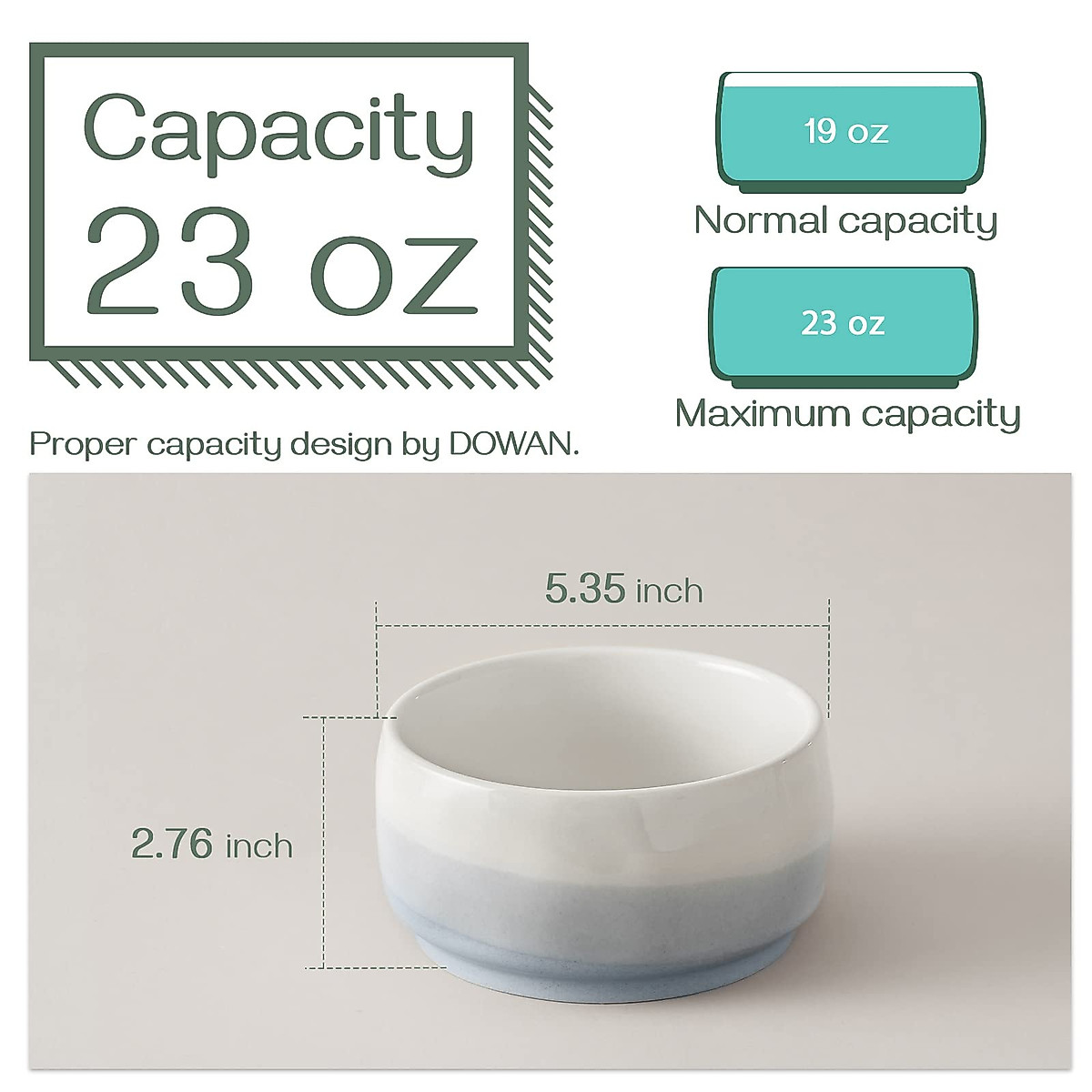 DOWAN Soup Bowls, Ceramic Cereal Bowls, 23 OZ Bowls for Fruit, Salad, Ramen, Ice Cream, Dessert, Side Dishes, Dishwasher & Microwave Safe, Chip Resistant, Set of 4, Light Blue & White