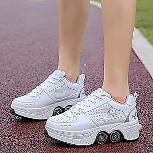 Women's Retractable Roller Skates Outdoor Girls Kick Roller Shoes Men Deformation Sneakers,White Silver (白银)-EU31/US3.5