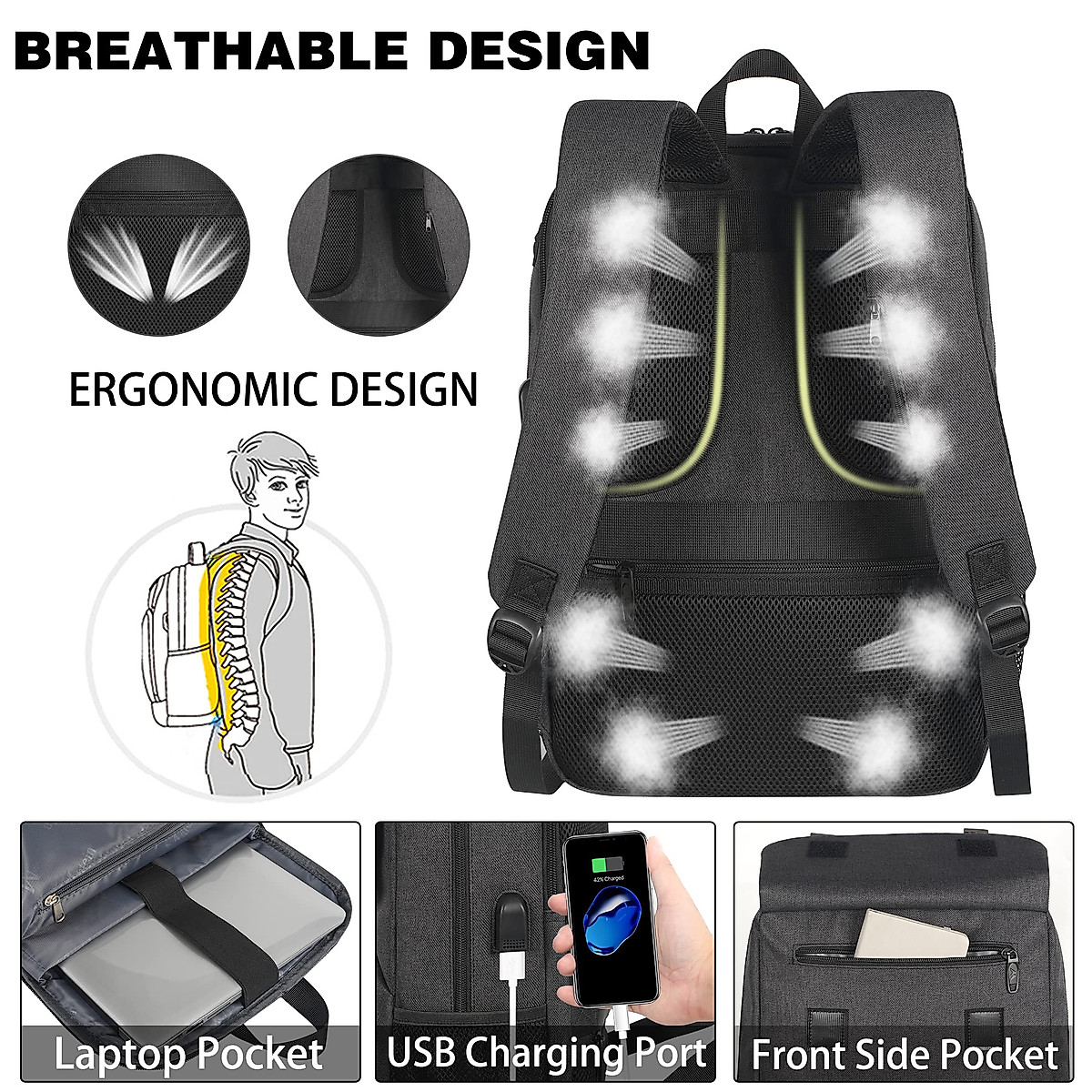 Lunch Backpack for Women, Insulated Cooler Work Laptop Backpacks with USB Charging Port, Waterproof Travel Computer Bag School Lunchbox Daypack College Bookbag Gift for Men Fits 15.6 Inch Notebook