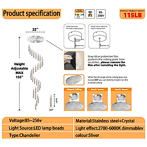 IDEQUY Large Crystal Chandeliers for High Ceilings 32-Lights Silver 150in Spiral Crystal Column Chandelier for Foyer Entryway LED Dimmable 3000K-6000K