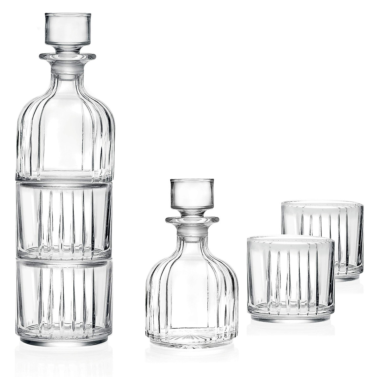 Glass 3 Pc Set, Crystal Glass Whiskey Decanter with 2 Tumblers, Stackable, Double Old Fashioned Tumblers, DOF, Decanter is 12 Oz, Each D.O.F. Tumbler is 12 Oz, by Barski, Made in Europe