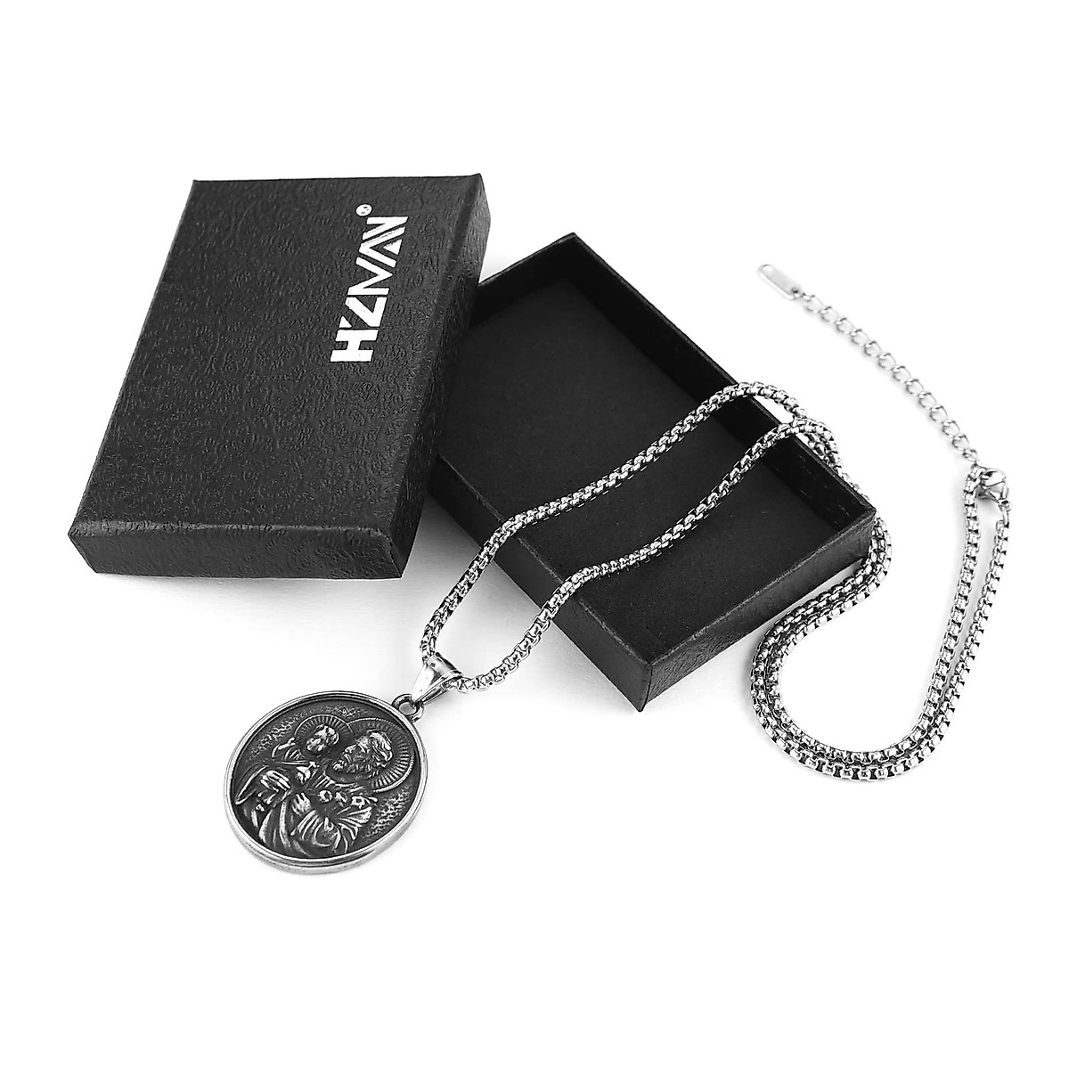 HZMAN Double Sided Stainless Steel St Joseph Necklace for Men Women Religious Saint Joseph Cross Christian Medal Amulet Pendant Jewelry Gift