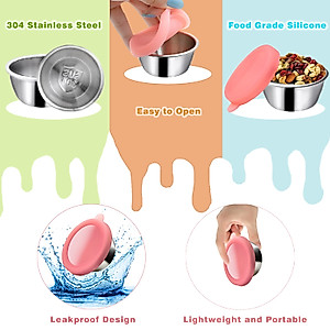 GUMBALL 6 Pack Salad Dressing Container To Go, 1.6oz Stainless Steel Sauce Containers Condiment Cups with 8 Silicone Lids for Lunch Bento Box, Leakproof, Easy to Open - 1 Extra Deep Clean Brush